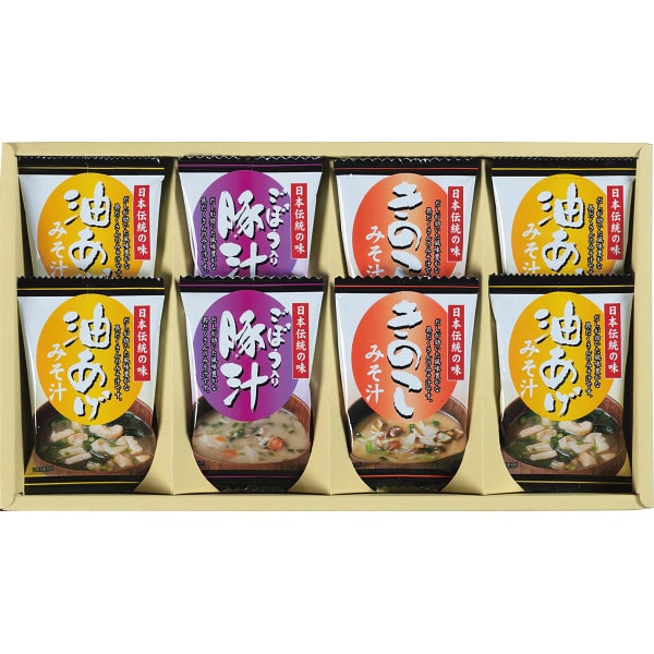 ●商品名/フリーズドライ お味噌汁3種の味詰合せ KF-BO●商品内容/お味噌汁油あげ×4、お味噌汁きのこ×2、お味噌汁豚汁×2(計8食)●箱サイズ/約34.5×19.5×4cm●重量/約274g●賞味期限/常温保存540日●アレルゲン/小...