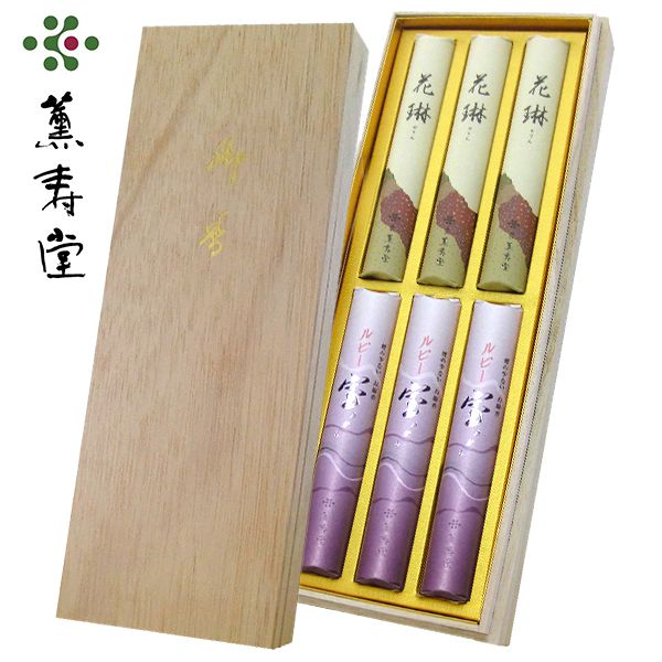 ●商品名/花琳 ルビー宝 アソート ●商品内容/短寸(花琳・ルビー宝)×各3束 (計6束) [木箱入] ●線香サイズ/約13.5cm ●煙の量/花琳：ふつう、ルビー宝：かなり少ない ●燃焼時間/約25分 ●煙の詳細/消臭効果あり ●煙の香り...