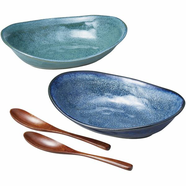 ●商品名/釉変わり オーバルカレーペア 02363●商品内容/カレー鉢(約18.5×24×6cm)・木製スプーン約(19.5cm)×2●箱サイズ/約20.5×25×9cm●生産国/カレー鉢:日本・木製スプーン:中国●材質/カレー鉢:磁器、木...