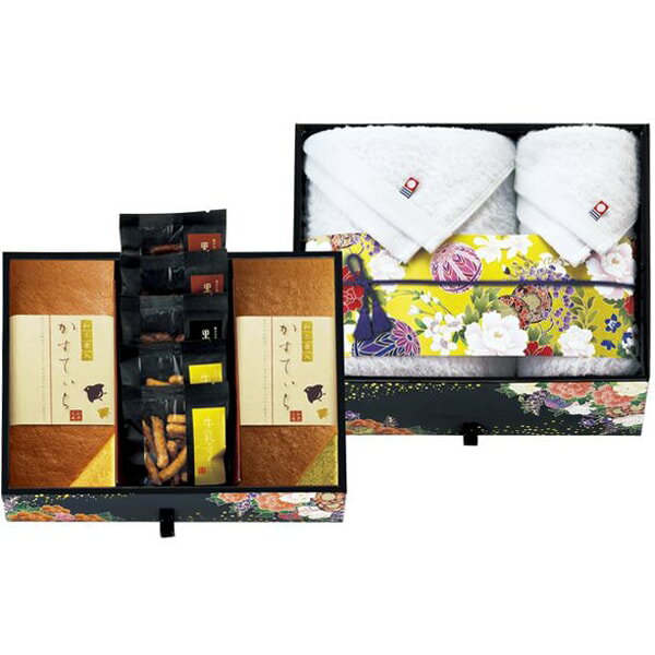 ●商品名/ミニたんす御進物 ほまれ かすてぃら&今治産たおる HMKF-AJZ4●商品内容/和三盆糖入かすてぃら(プレーン・抹茶)各1本、かりんとう(黒糖・牛乳×各2、黒胡麻×1)各15g、フェイスタオル(約34×75cm)・バスタオル(約...