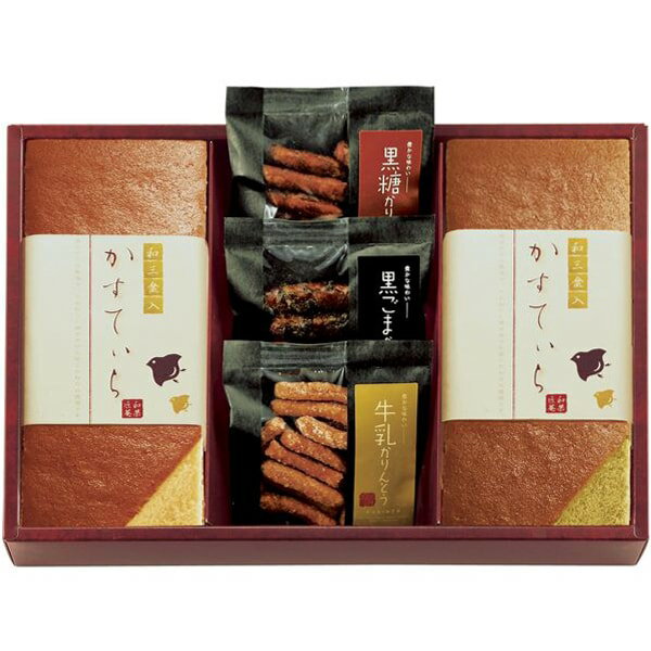 ●商品名/和菓匠菴 ほまれ 和三盆糖入かすてぃら御詰合せ NHMR-BE4●商品内容/和三盆糖入かすてぃら(プレーン・抹茶)各1本、かりんとう(黒糖・黒胡麻・牛乳)各15g●アレルゲン/卵・乳成分・小麦●賞味期限/製造より60日●箱サイズ/...