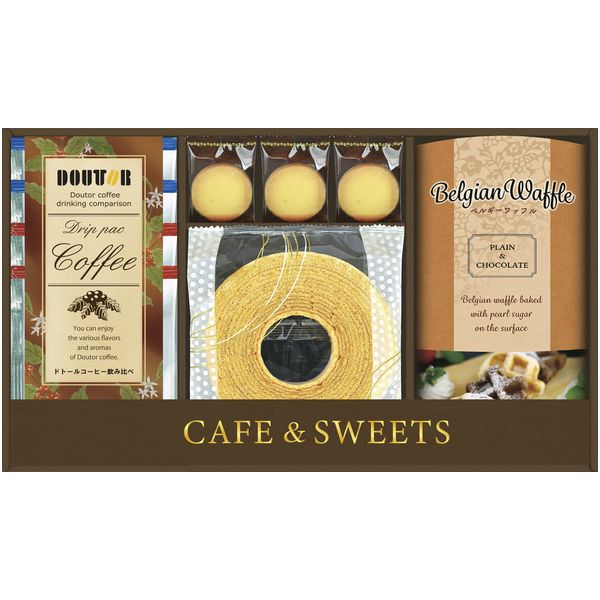●商品名/ドトールコーヒー&洋菓子セット LDF-CE●商品内容/ドトールドリップコーヒー(深煎りブレンド・モカブレンド)×各2、ミルクバウムクーヘン×1、プレーンクッキー×3、ベルギーワッフル(プレーン×2、ショコラ×1)●アレルゲン/卵...