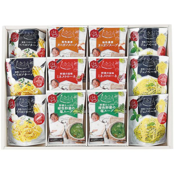 ●商品名/坂井宏行監修 C'est bon cadeau 〜素敵な贈り物〜 SKIA-D●商品内容/(オニオンスープ・ミネストローネ・緑色野菜の塩スープ)×各2、粉末パスタソース(ジェノベーゼ・ペペロンチーノ)×各3●アレルゲン/乳成分・小...