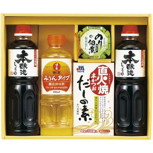 ●商品名/佃煮&調味料セット TGT-25●商品内容/サンビシ本醸造しょうゆ500ml×2、日の出割烹みりんタイプ400ml・島乃香のり佃煮80g・マルトモ直火焼本かつおだしの素(4g×10袋入)●アレルゲン/乳成分・小麦●賞味期限/製造よ...