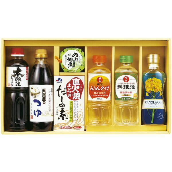 ●商品名/佃煮&調味料セット TGT-40N●商品内容/昭和キャノーラ油300g・サンビシ本醸造しょうゆ500ml・伊賀越天然蔵のつゆ500ml・日の出(割烹みりんタイプ・料理酒)各400ml・島乃香のり佃煮80g・マルトモ直火焼本かつおだ...