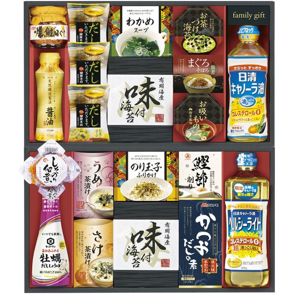 ●商品名/日清オイリオ食卓詰合せ NSO-100A●商品内容/ニッスイ焼鮭ほぐし50g・わかめスープ(5.3g×2袋)・永谷園お茶漬けのり(4.7g×2袋)・永谷園お吸いもの松茸風味(2.3g×2袋)・まぐろそぼろ佃煮(5g×2袋)・島の香...
