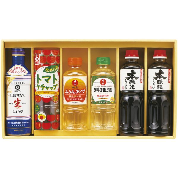 ●商品名/キッコーマン&調味料バラエティセット KSM-40N●商品内容/キッコーマンいつでも新鮮しぼりたて生しょうゆ450ml・イカリなめらかトマトケチャップ280g・日の出(料理酒・割烹みりんタイプ)各400ml×各1、サンビシ本醸造し...