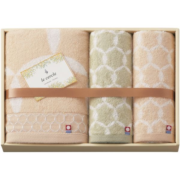 ●商品名/ル・セルクル 今治産タオルセット LC4150●商品内容/バスタオル(約60×110cm)×1、フェイスタオル(約32×75cm)×2●材質/綿100%●箱サイズ/約24.5×35×5cmシリーズ名「ル・セルクル」の"セルクル"は...
