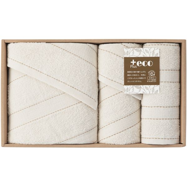 ●商品名/泉州 +eco タオルセット PE-2530●商品内容/ハンドタオル(約34×35cm)・フェイスタオル(約34×80cm)・バスタオル(約60×120cm)×各1●材質/綿100%●箱サイズ/約24×41.5×6.5cm●重量/...