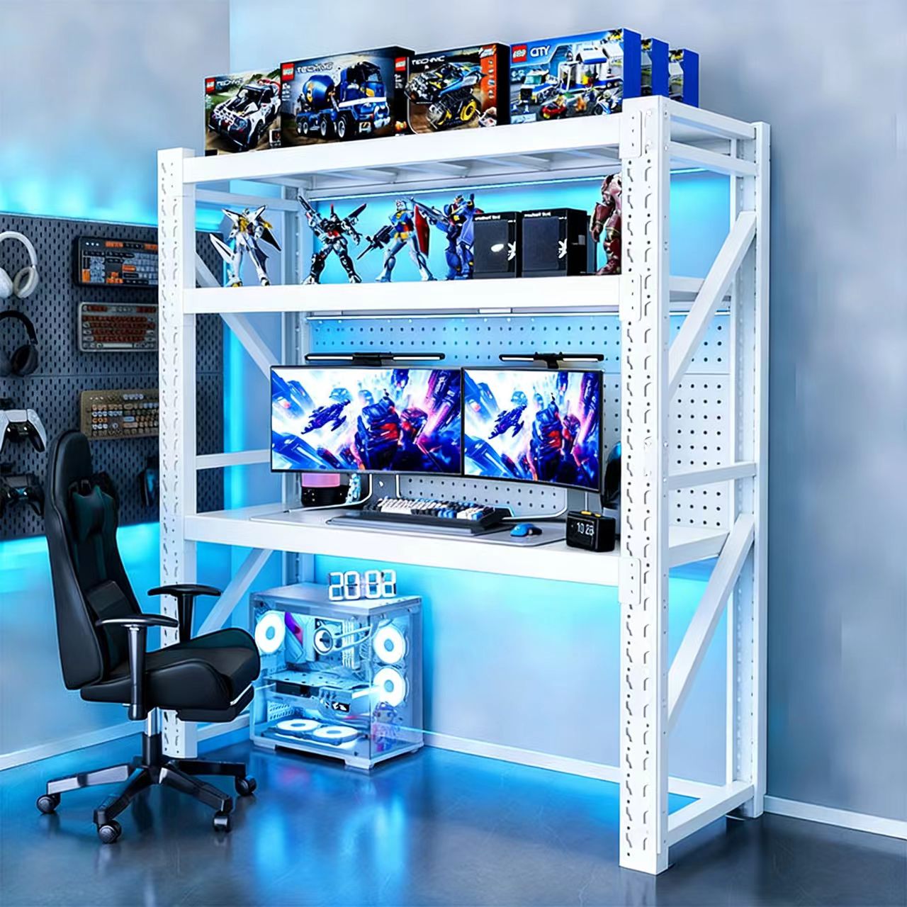 商品概要 この昇降式ゲーミングデスクは、家庭用、テレワーク、ゲーム、勉強など多シーンに対応する多機能デスクです。DIYパンチングボード付きでカスタマイズ自在、多段収納ラックによってフィギュアや小物をスッキリ整理できます。頑丈な構造で安定性に...