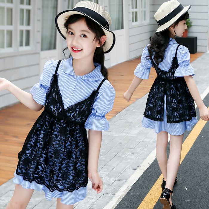 女の子 半袖ワンピース 夏 子供服 女の子 半袖 ワンピース キッズ 110/120/130/140/150/160子供 シャツ/ワンピース ふんわり袖のシンプルな爽やかストライプワンピースに、黒色レースキャミソールがとっても大人っぽい♪ ...