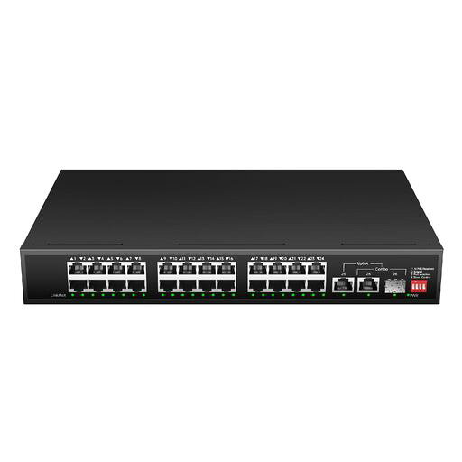 24個の100Mbps PoE+ポート、総消費電力300W、各ポート最大出力30W、IEEE802.3at/afプロトコル対応 24個のPoEポートに加え、1つのギガビットSFPスロット、2つのギガビットアップリンクポート(うち1つのアップ...