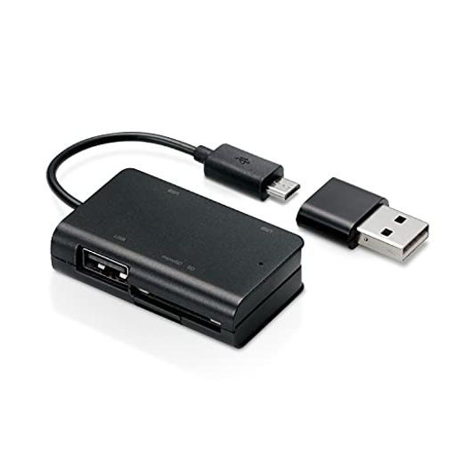 スマートフォンやタブレットにそのまま接続できるUSB[microB]コネクタを装備したメモリリーダライタです。 パソコンにも接続できるUSB[A]変換コネクタがついています。 USBホスト機能に対応したスマートフォンやタブレット、もしくはパ...