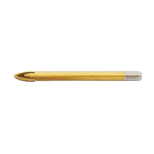 サイズ:全長80x全幅8mm 質量:17g 用途:ガラス・鏡・ボルト・磁気タイル等の穴あけ加工に 材質:先端部/超硬合金、シャンク/炭素工具鋼 サイズ:8mm シャンク径:6mm