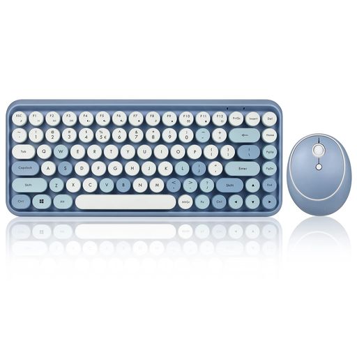 【おしゃれなレトロデザイン】タイプライターをイメージしたレトロデザインのコンパクトなキーボード・マウスセット。かわいいパステルブルーをベースにグラデーションカラーが特徴です。 【タイプライター風キー】可愛いタイプライター風の丸く長めのキーキ...