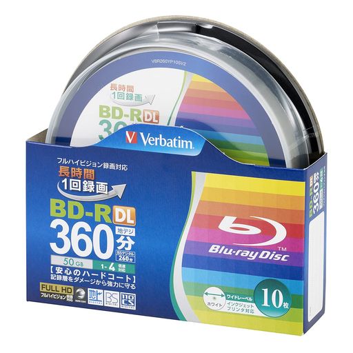 品種:録画用 BD-R DL(50GB) 1回録画用 録画時間:地デジ 360分 / BSデジタル260分 盤面印刷:○(ホワイト) / 範囲:22mm-118mm(ワイド) 倍速:1-4倍速,ケース:スピンドルケース,入り数:10枚