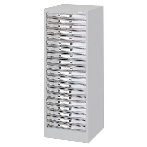 本体寸法:W350xD264xH880mm 本体重量:11.2kg 引出し内寸:W307xD233xH32mm 材質:本体/スチール 粉体焼付塗装、引出し/スチロール樹脂、引出し段板:ポリプロピレン 分類見出しカード付き