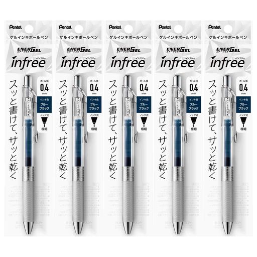 【特長】スッと書けてサッと乾く ゲルインキボールペン 【1本あたりサイズ/重さ】幅 16 x奥行 11mm x 長さ 147mm/13g 【インキ色】ブルーブラック 【芯径】0.4mm【本数】5本 【材質】後軸・頭冠=再生PC ノック・前軸...