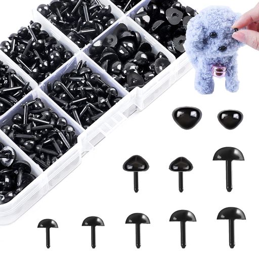 【10サイズセット】ぬいぐるみドール目と鼻1000個セット、目パーツ:3mm(200個)/4mm(160個)/5mm(100個)/6mm(70個)/7mm(50個)/8mm(36個)、鼻パーツ:7x9mm(60個)、6x8mm(90個)、5...