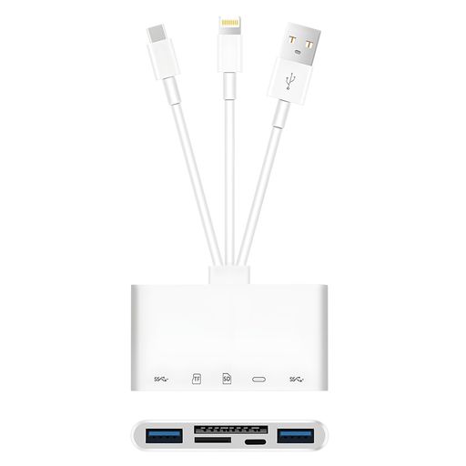 【iPhoneSDカードリーダー5in3】このLightningSDカードリーダーは、4種類の機能別ポート(SDカードポート、microSDカードポート、lightningポート、USB3.0ポート)を装備。カメラからの写真転送、機種変更時...