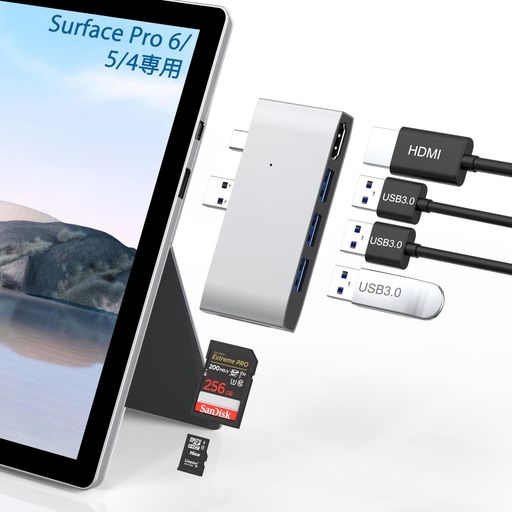 6-in-2 Surface Pro USBハブ - Surface pro 4/5/6用のこのUSBハブデザインは、3つのUSB 3.0ポート、SDおよびTFカードスロット、4K@30Hz HDMIポートコンバータアクセサリを備えています...