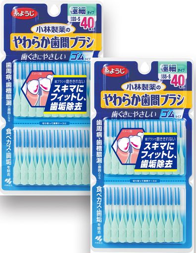 サイズ:80本(40本x 2個) 材質:ゴム 狭い歯間から広い歯間までなめらかにフィット やわらかい使用感、やさしい使い心地 ワイヤーを使わないゴムタイプの歯間ブラシで、歯周病・歯槽膿漏・虫歯の原因となる食べカス・歯垢を除去