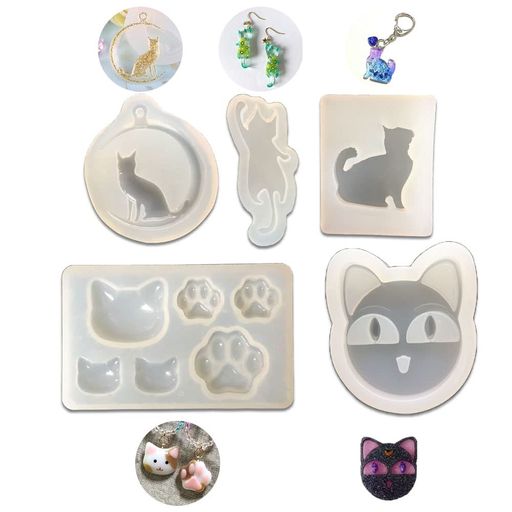 シリコンモールド5個。UVレジン、エポキシ樹脂、樹脂粘土などにご利用いただけるシリコン型です 6種類の猫の形が含まれています。レジンのアクセサリーや飾りつけなどの製作、ミニ手作り石鹸、各種工作などのハンドメイドにご活用ください レジンを流し...