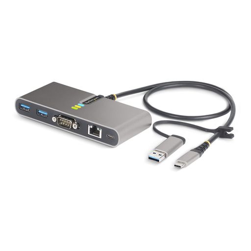 ポータブルUSB-Cハブ:60cm 一体型USB-Cホストケーブルを搭載した2ポートUSB ハブ(5Gbps)。USB-CからUSB-Aへの変換アダプター付属。RS-232Cシリアルアダプター、ギガビットイーサネット、100W PDパススル...
