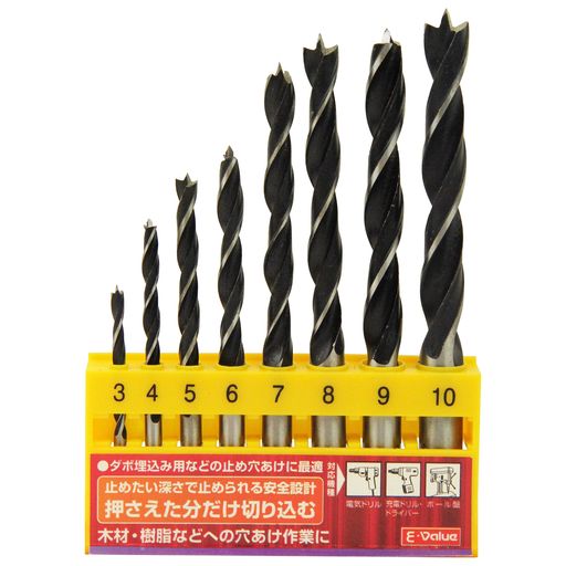 特徴:穴あけしやすいブラッドボイント刃で、安定した穴あけ作業ができる サイズ:3・4・5・6・7・8・9・10mm 入数:8本セット、軸:丸軸(ストレート) 刃先:ブラッドポイントタイプ、ドリル材質:クロームバナジウム鋼 対応機種:電気ドリ...
