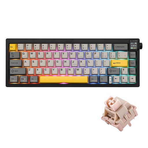 【66キー65%コンパクトレイアウト】AK65065%メカニカルキーボードは、66キーに加えてスクリーンとノブを搭載したデザインです。デスクスペースの効率的な活用を目指しつつ、持ち運び性と人体工学的な使い心地を実現しています。ファンクション...