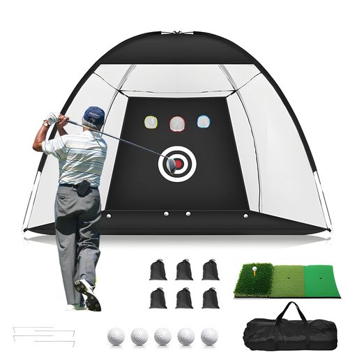 【完全フルセット】ネット本体・ターゲット・3種一体型打撃マット(PP短芝10mm/ダブルカラー中芝16mm/4色長芝35mm+8mm低反発フォームベース、30x60cm)・専用収納バッグ・練習ボール5個(各45g)・tee1個・砂袋6個・固...