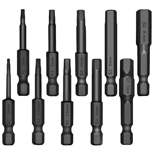 【商品仕様】セット内容:50mm片頭六角ビット10個セット。 全長さ:50mm 。 軸径:6.35mmシャンク(1/4インチ)。 素材:S2合金鋼。 カラー:黒。 【10種類のサイズ】:1.5mm、2mm、2.5mm、 3mm, 3.5mm...