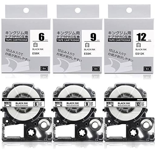 互換テプラテープ白(テープ幅:6mm+9mm+12mm)互換キングジムテプラPROテープカートリッジSS6KSS9KSS12K白地黒文字3個セット。