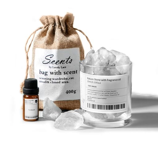 【アロマセット・エレガント空間を実現】アロマストーン(クリア)x400g+GardeniaEssentialOil10mlx1本+ガラス容器x1本+巾着袋のギフトセット。使い方がとっても簡単で、アロマオイルをアロマストーンに垂らすだけでOK...