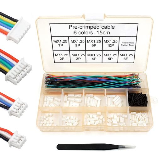 1.25mmピッチコネクタ(2Px20個、3Px20個、4Px20個、5Px20個、6Px20個、7Px10個、8Px10個、9Px10個、10Px10個)、15cm圧着1.25~1.25ケーブルx15cm。80個(6色、各色30ケーブル)...