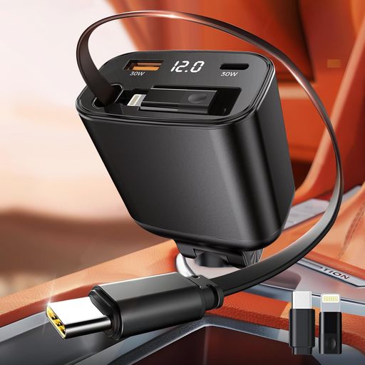 🔰【車 充電器 巻き取り ● PD45W急速充電】4in1 車 充電器 シガーソケットはPD45W巻き取り式充電ケーブル付き、わずか45分でiPhone17を85%まで急速充電でき、さらにノートPCを約50%まで充電可能です...