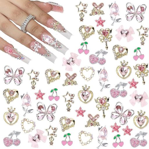 【高品質】高品質の金属とラインストーンで作られており、絶妙な技量、優れた品質、強くて耐久性があり、ひび割れたり色あせたりしにくいです。 【キラキラ】ネイルパーツにはハート、蝶、チェリー、星、リボンなどのデザインが含まれており、かわいいデザイ...