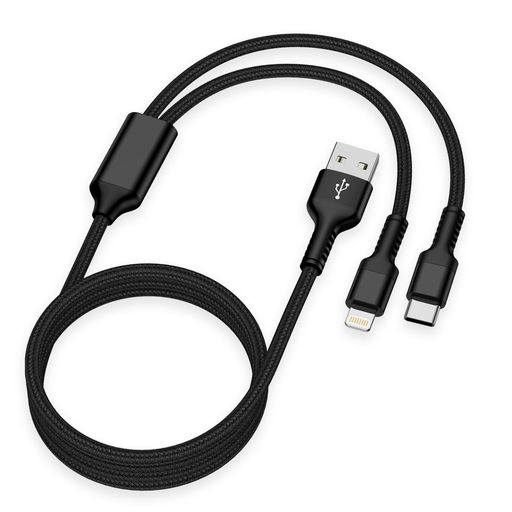 【2台同時充電】2in1 usb ケーブルは銅製心線を採用し、電気抵抗が低く、 充電速度がより速くなり、充電時間も短縮してくれて、2台のデバイスを同時に充電可能です。Type-Cポートは最大3Aの電流をサポートし、Lightningポートは...