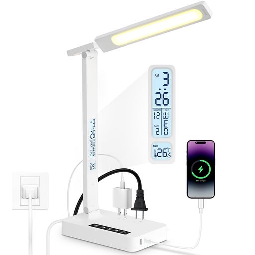 USB1口+Type-C1口+AC電源2口付き電力出力ACコンセント 5段調光5段調色600ルーメン大きいか等しい90Ra演色度目にやさしい電気スタンド LCDディスプレイ日付/時刻/曜日/温度表示目覚ましアラーム時計付き タイマー機能ナイ...