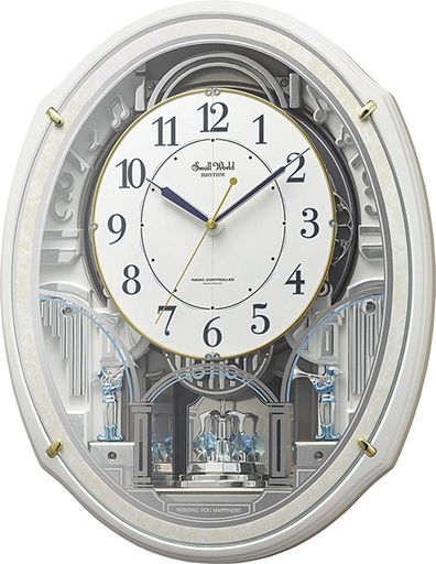 サイズ:49.9x38.9x10.8cm 仕様電源:アルカリ単1形x2本(別売) 白を基調とした明るいカラーリングのからくり時計。ガラスには、お城をイメージしたアーチのデザインが施され、奥行と華やかさを演出しています。ファミリーで楽しむこと...
