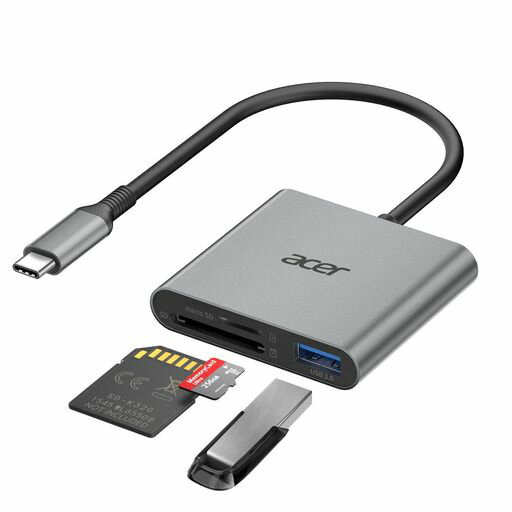 【3-in-1USBCカードリーダー】AcerのUSB-Cアダプターは、3ポートデザインを採用。SD/TFメモリーカードリーダー(ドライバ不要)としてだけでなく、USBCtoUSBA変換アダプターとしても使用可能。データ転送や外出先での利用...