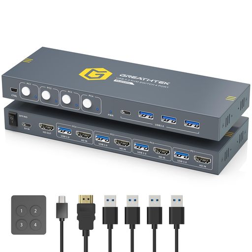 【4入力1出力KVMスイッチHDMI 】このKVMスイッチ 4台は1セットのキーボードとマウスで最大4台のコンピュータをコントロールし、1台のモニターと3つのUSBデバイスを同時に共有し、複数のデバイスを簡単に管理することができます。 ケー...