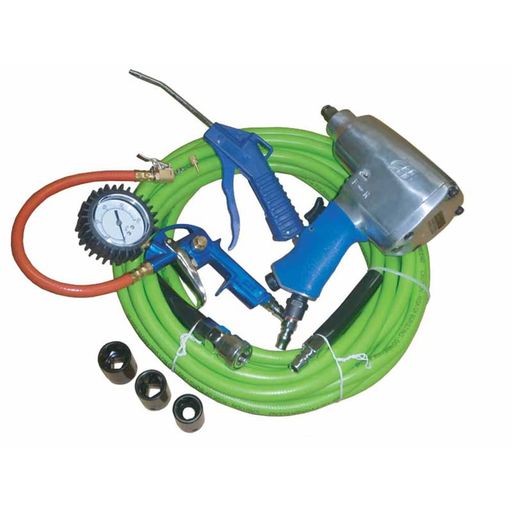 セット内容:インパクトレンチ・エアーホース(10m)・タイヤチャック・ダスター 付属品:3種ソケット(インパクトレンチ用)・自転車用ノズル(タイヤチャック用) インパクトレンチ:鉄