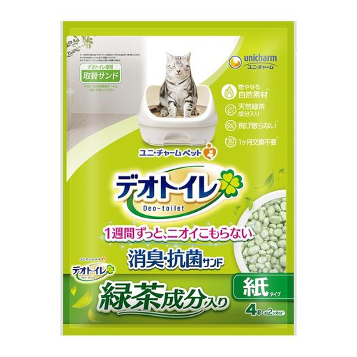 商品名:[ユニチャム1週間消臭・抗菌デオトイレ飛散らない緑茶成分入り・消臭サンド4L]が 4個セットです。※メーカーが最新のパッケージに変更した場合、新しいパッケージで届く場合がございますのでご了承の上ご注文くださいませ。