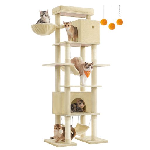 クライミング 【猫ちゃんの楽園】段差の登り降りに適したマルチレベルデザイン、爪研ぎ用のシサル製スクラッチポスト4本、ベル付き吊りポンポン2つ、楽しいひも付きポンポン1つを特徴としています。登る、爪とぎ、遊ぶ - すべてがここに揃っています。...