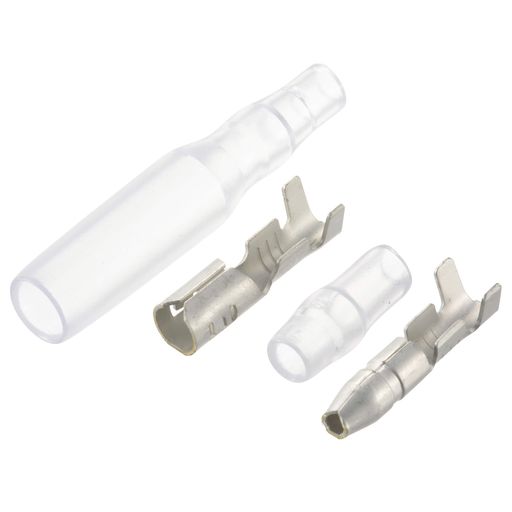 機器内配線用キャップ付ギボシ端子セット ショートや汚れによる接触不良を防止します 適合電線:より線...0.5~2.0mm2 材質:黄銅(表面スズメッキ処理)、絶縁カバー...軟質塩化ビニル 定格電圧:300V、定格電流:13A 、入数:5セット