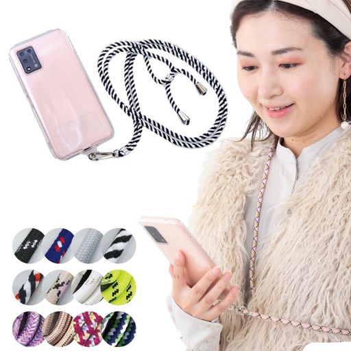 スマホケースに挟むだけ。 ワンタッチ着脱。 長さ調節自由自在。 携帯ストラップ。