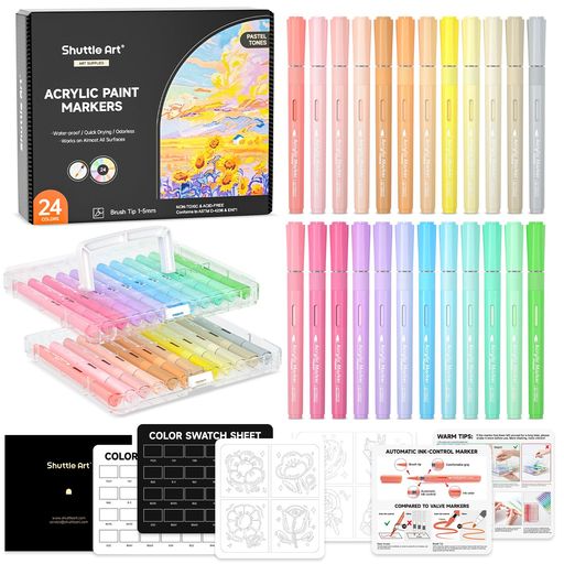【セット内容】パステルカラー24色が揃ったアクリルマーカーペンセットです。高品質のインクで豊かなカラーバリエーションがあり、黒い面にも、白い面にも、透明のものにもくっきり鮮明に滑らかに書けます。マーカーセットには、カラーチャートx2枚(黒と...