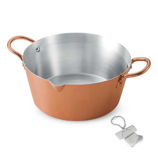 本体素材:銅(内面:錫メッキ、外面:クリア塗装) 取っ手:鉄(銅メッキ) 製品サイズ(重量・容量)/約25.3x18.4x8.8cm(581g・満水容量1600ml・適正容量600ml)深さ:8cm 家庭用コンロでも扱いやすいサイズ。熱が全...