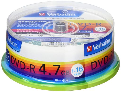 品種:データ用 DVD-R 容量:4.7GB 1回記録用 盤面印刷:○(ホワイト) / 範囲:22mm-118mm(ワイド) 倍速:1-16倍速、ケース:スピンドルケース、入り数:25枚